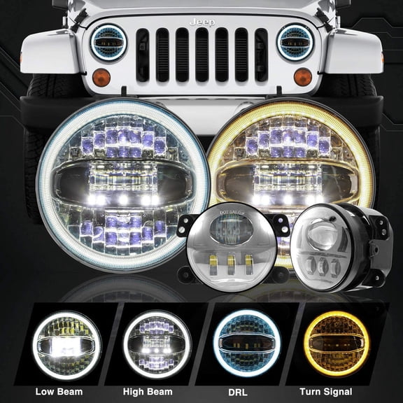 Sunpie 7" 5D LED Headlight with Halo Angel Eye Ring & DRL & Turn Signal ...