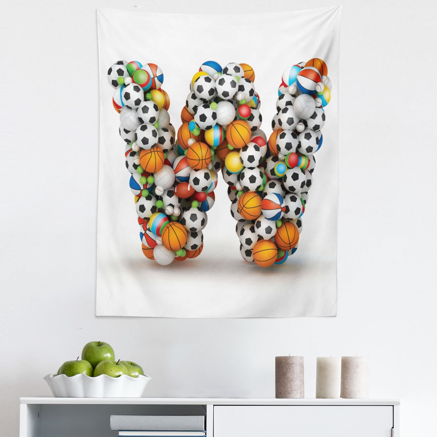 Letter W Tapestry, Sports Themed Typography Alphabet with Various Balls ...