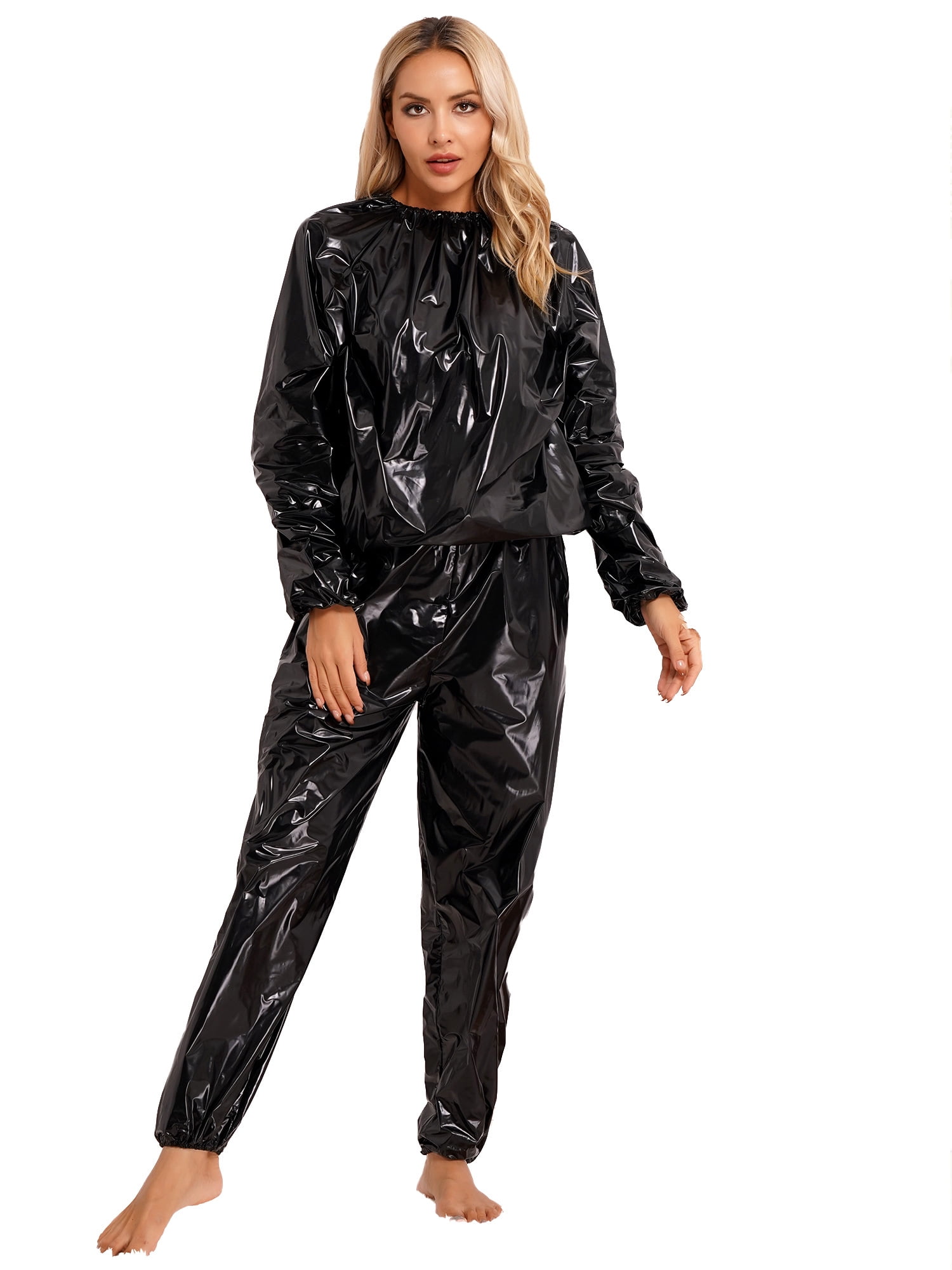 iEFiEL Womens Sauna Suit Long Sleeve PVC Tops with Pants Set Sweat Suit ...