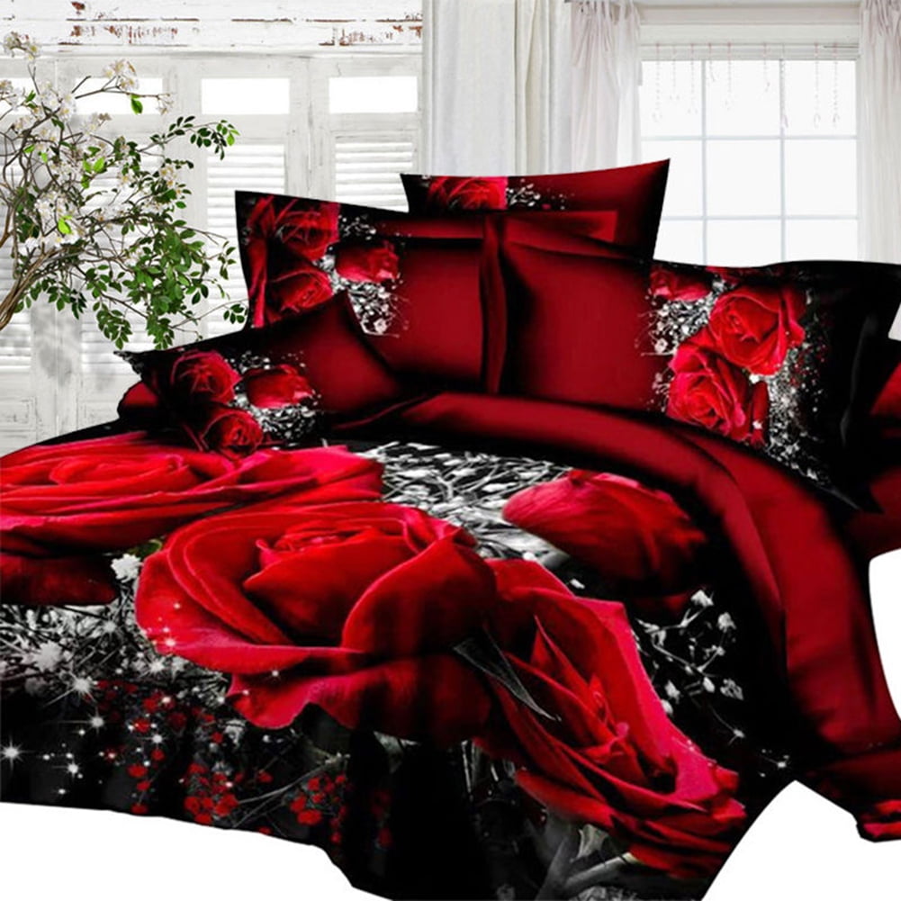 4 Pcs 3d Big Red Rose Floral Bedding Sets Wedding Duvet Cover Sheet