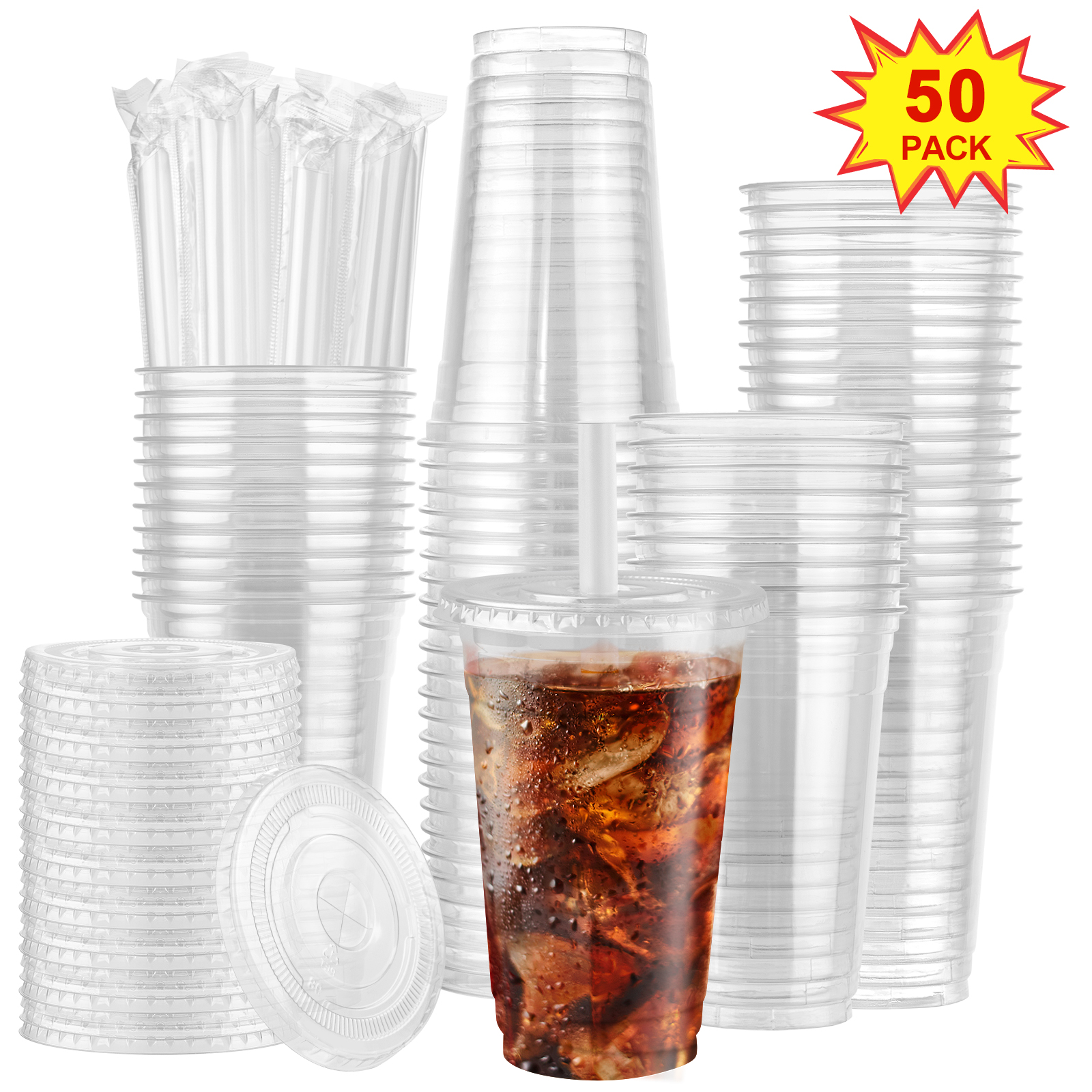 50 Sets 20oz Clear Plastic Cups with Flat Lids and Straws, Plastic ...