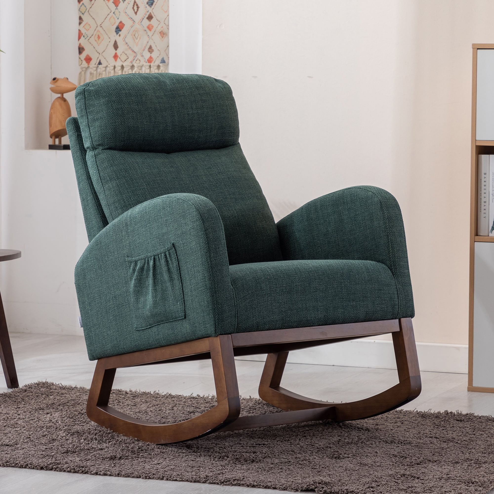 SYNGAR Fabric Upholstered Rocking Chair with Solid Wood Base and Side ...