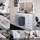 Ember Interiors Ibbie White Makeup Vanity Desk with Glass Top, Lights ...