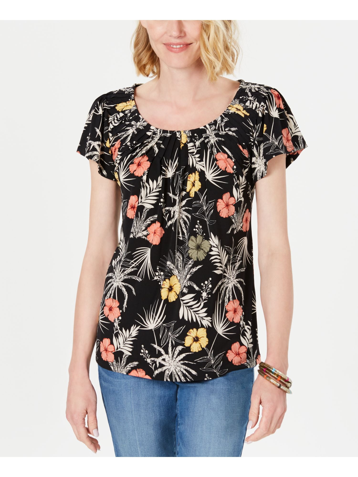 Style & Co. - STYLE & COMPANY Womens Black Printed Short Sleeve Scoop ...