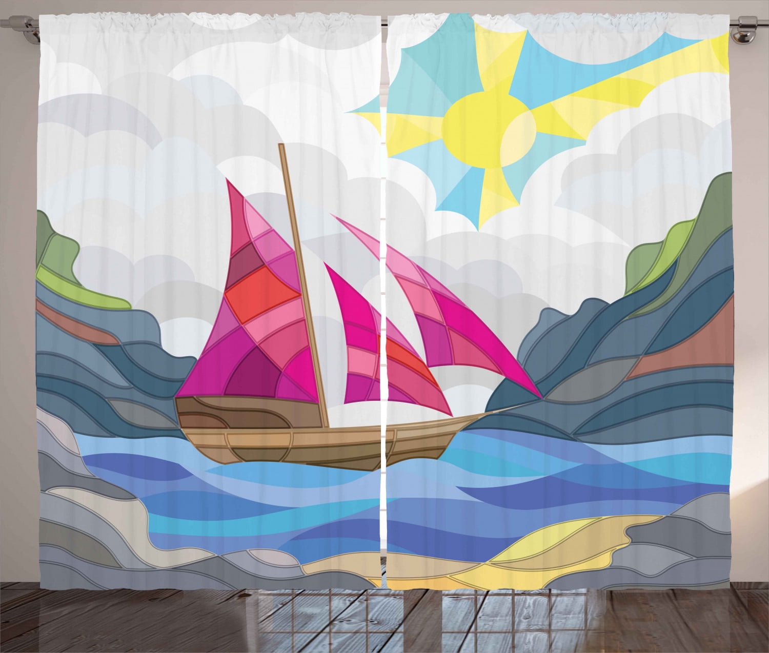 Modern Curtains 2 Panels Set, Sun Sky Clouds Sail Boat on the Sea ...