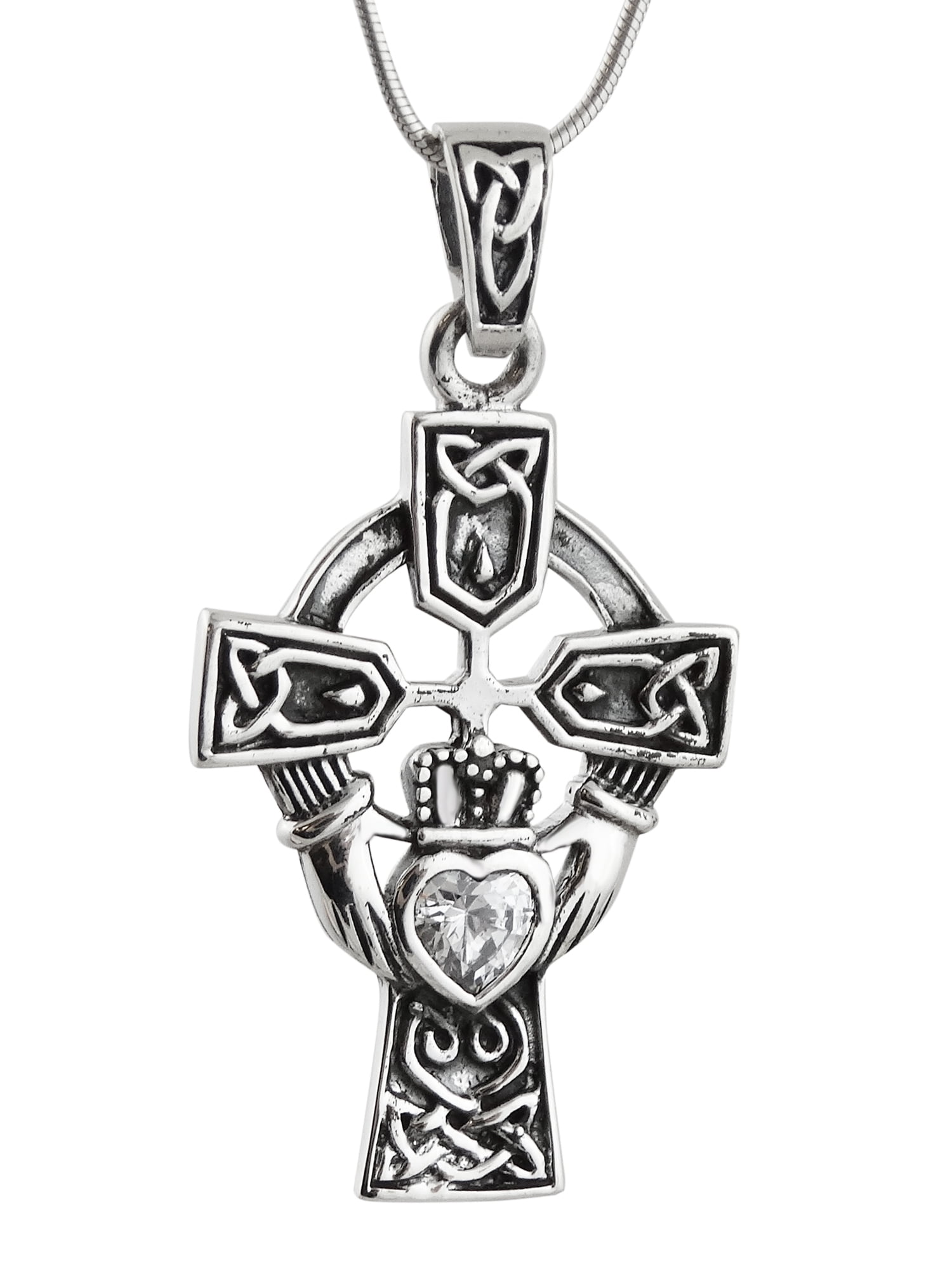 Sterling Silver Celtic Claddagh CZ Cross Pendant Necklace, 18" Snake ...