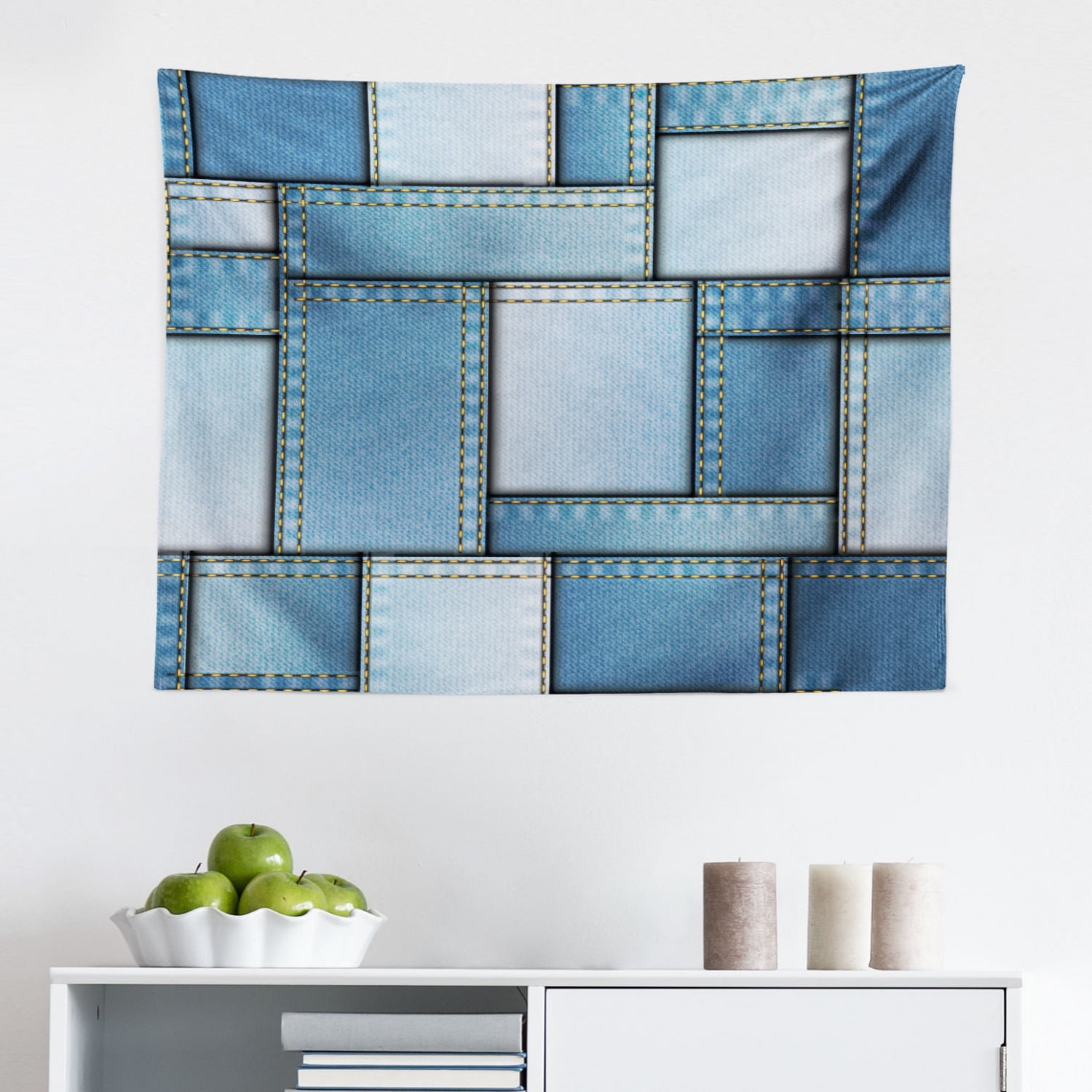 Nautical Tapestry, Various Patches of Denim in Sea with Sailor Knot on ...