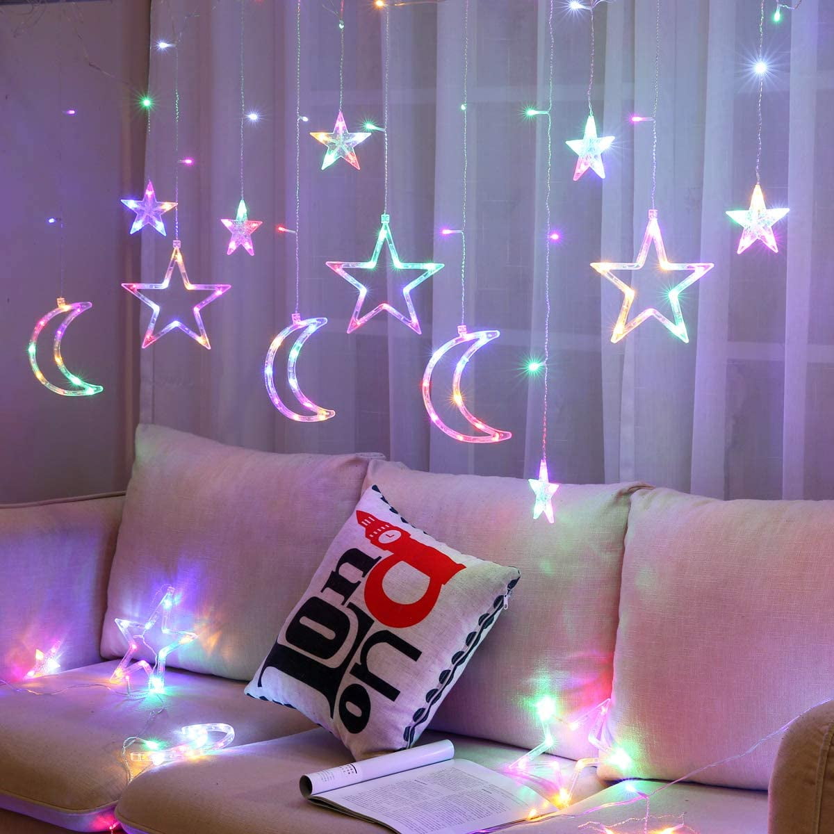 PENGXIANG Remote Control Starry String Light Curtain Lights Moons and ...