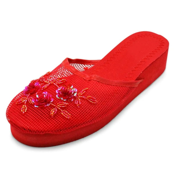 Women's Chinese Sequin Mesh Floral Slipper Platform Wedge Sandals ...