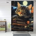 Cat Sleeping Bookshelf Books Art Shower Curtain Set with Hooks Plastic ...