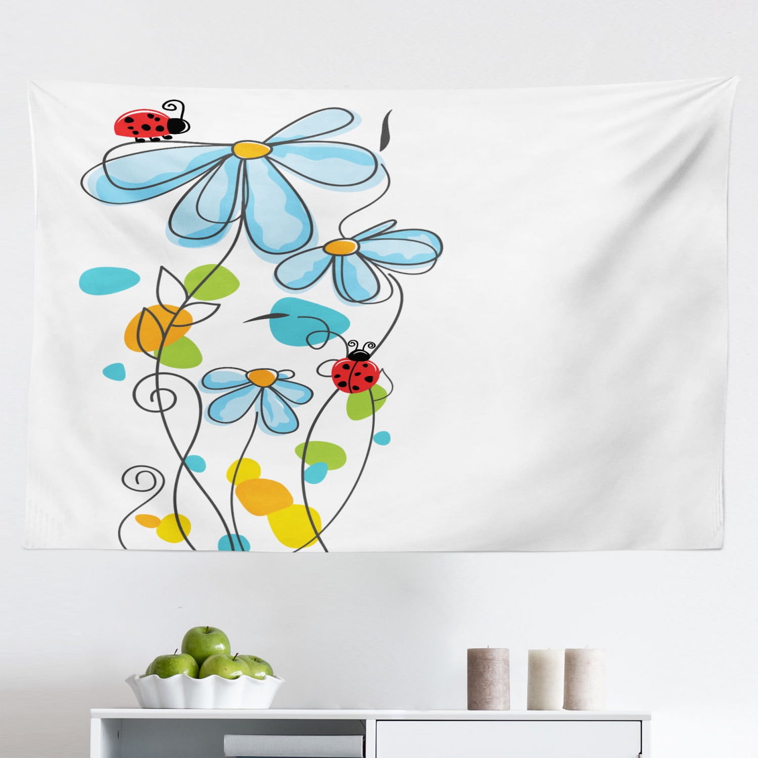 Ladybugs Tapestry, Domed Back Round Ladybugs with Hearts Flowers ...