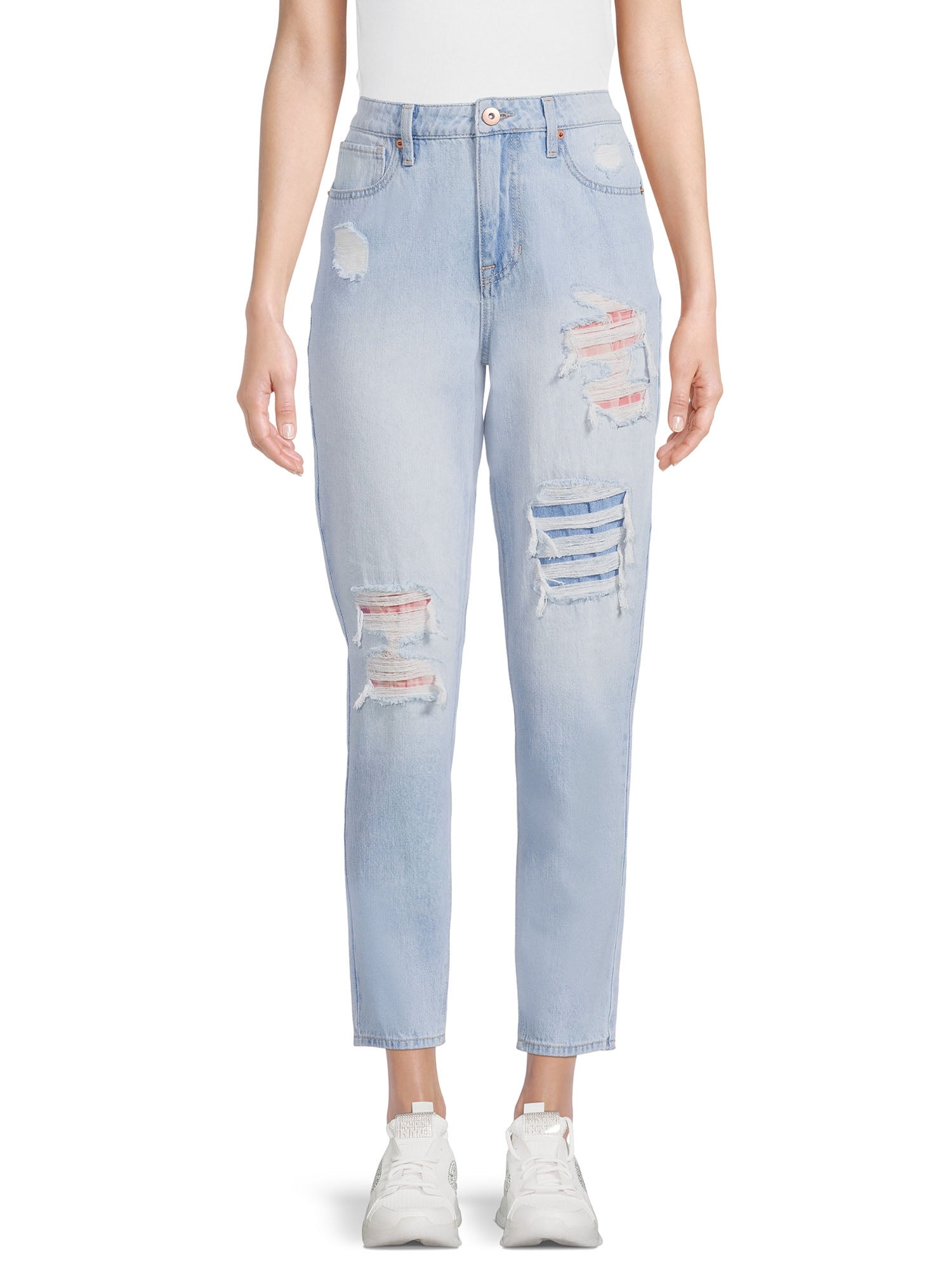 No Boundaries Juniors' Destructed Mom Jeans - Walmart.com