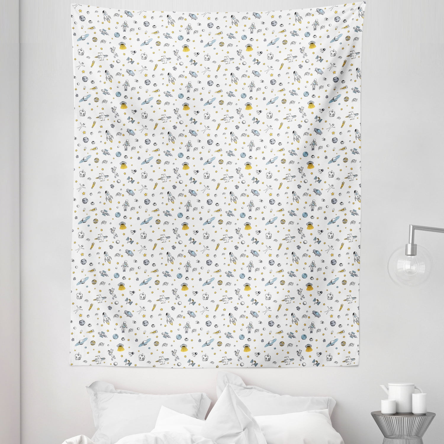 Spaceship Tapestry, Doodle Style Cosmonaut Black Hole Satellite and ...