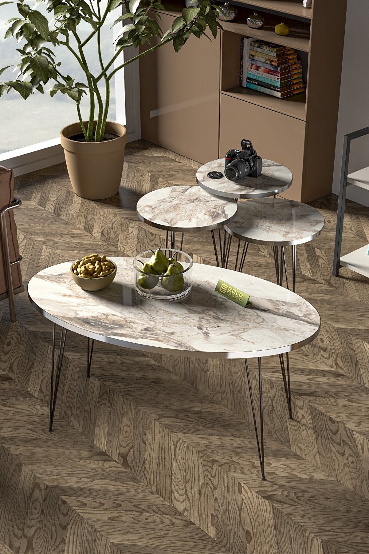 White Marble Oval Coffee Table Set with 4 PCS,Set With 3 Modern Round ...