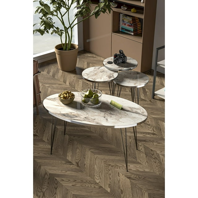 White Marble Oval Coffee Table Set with 4 PCS,Set With 3 Modern Round ...