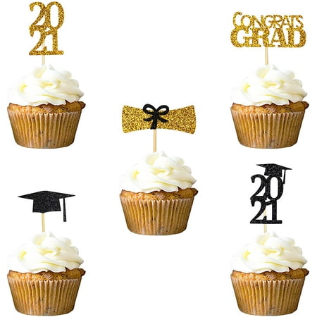 40PCS Graduation Cupcake Toppers with Cap, 2021 and Diploma Signs, Gold ...