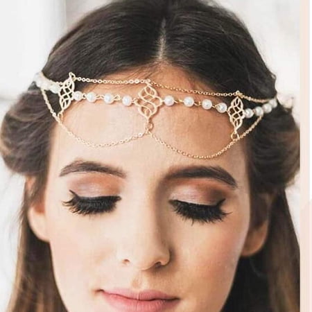 Boho Head Chain Pearls Head Jewelry Gold Headpiece Layered Hair Chain ...
