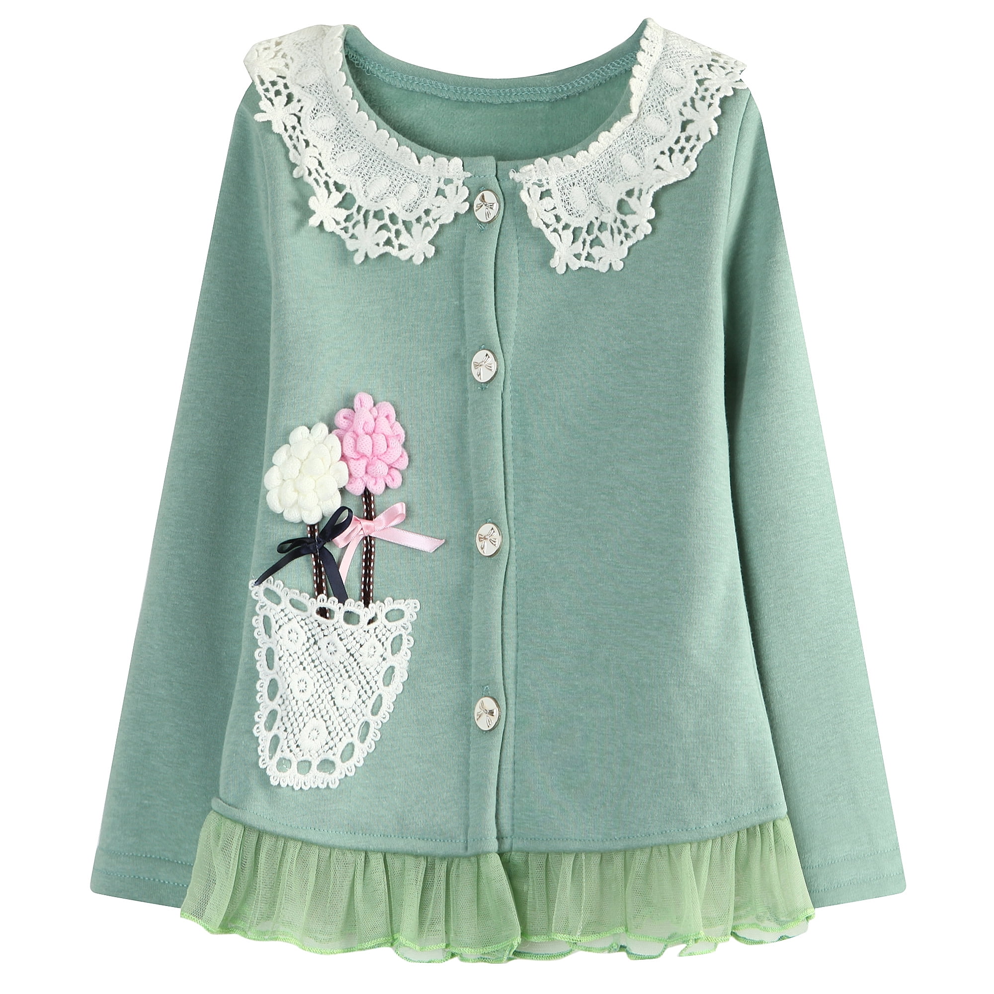 Little Girls Green Fleece Flower Pot Lace Trimmed Cardigan 2/3 ...