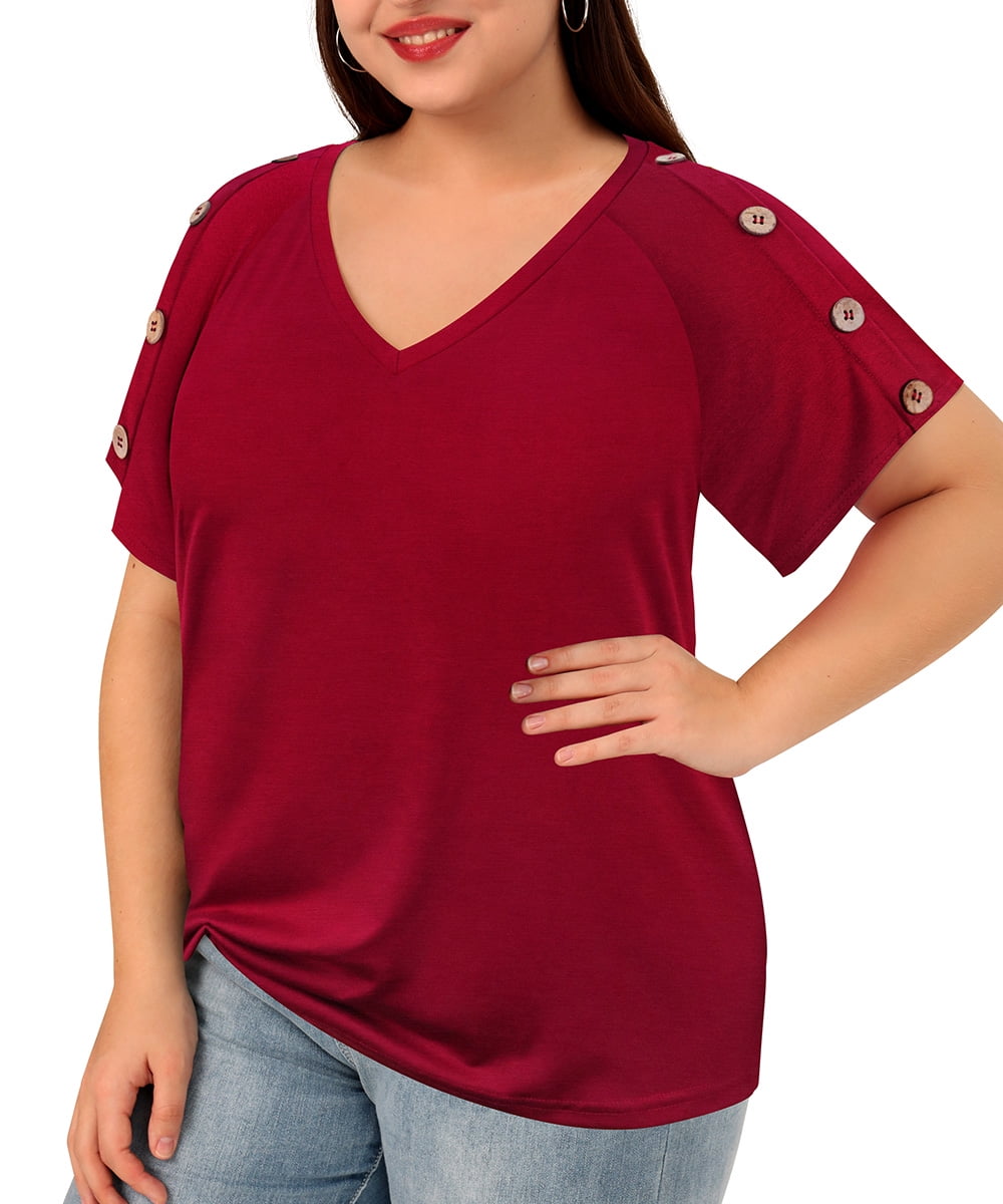 TIYOMI Ladies Plus Size 4X Wine Red Tops V Neck Blouses Short Sleeve ...