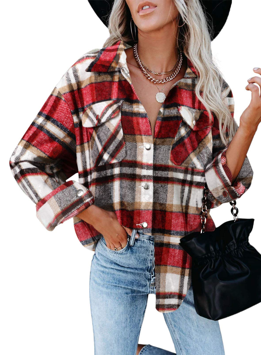 ONLYSHE Women Shacket Jacket Blouse with Pockets Flannel Plaid Top ...