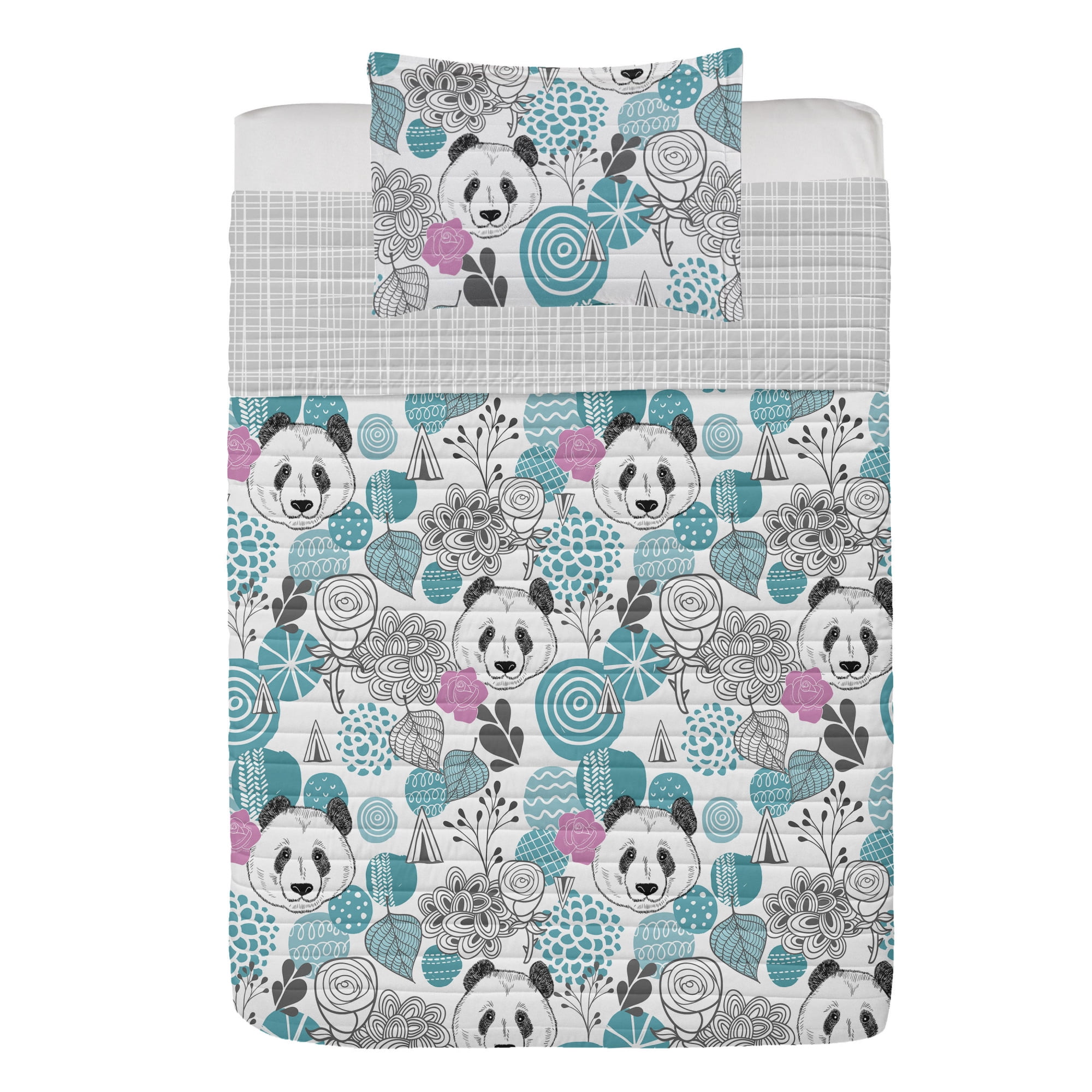 Panda Reversible Bedspread Set, Portraits of Chinese Bears on Sketch ...