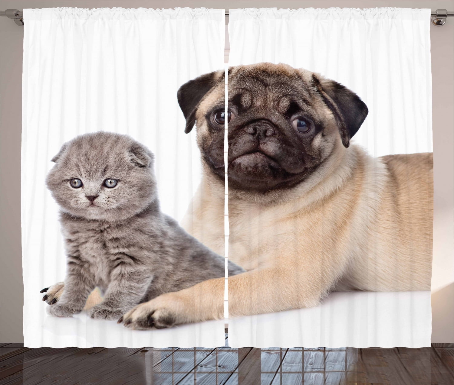 Pug Curtains 2 Panels Set, Cute Young Pets Kitten and Puppy Pug ...