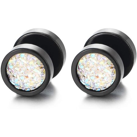 10mm Women Mens Black Circle Stud Earrings Black Glitter, Steel Cheater ...