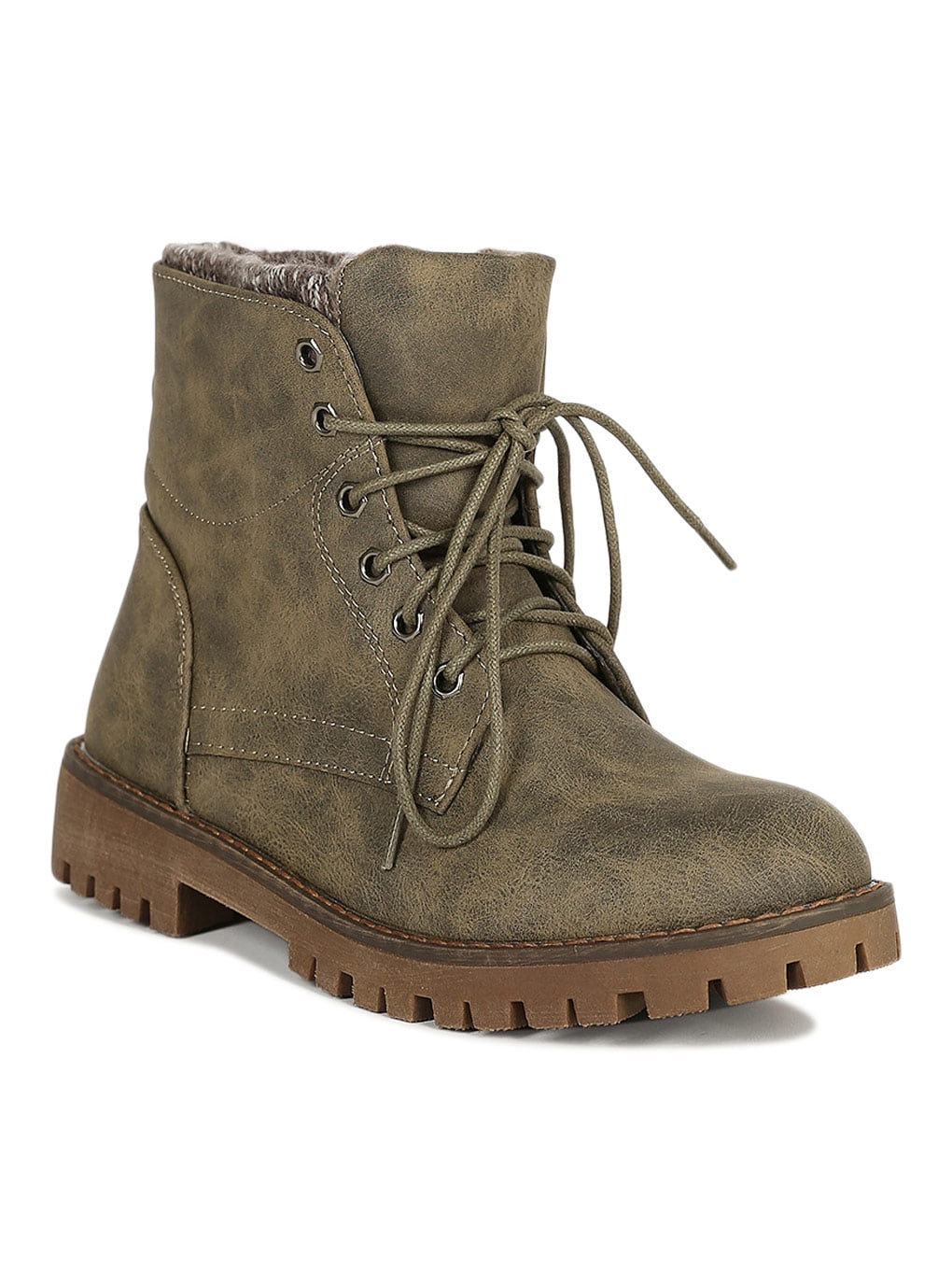 Women Leatherette Knit Collar Lug Sole Ankle Boot 19396 - Walmart.com