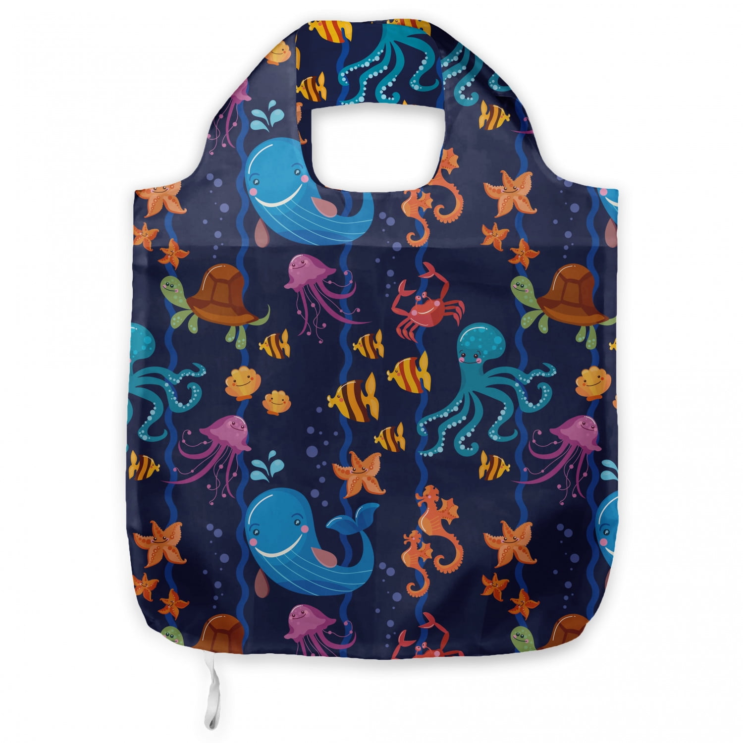 Underwater Reusable Market Bag, Cartoon Drawn Sea Animals Whale Turtle ...