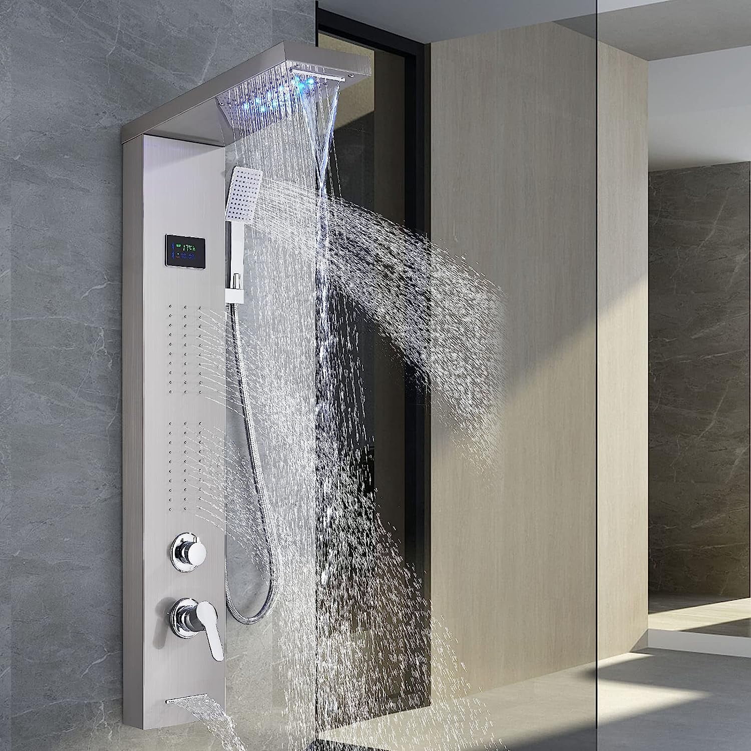 Brushed Nickel Stainless steel LED Shower Panel Tower kit Rain ...