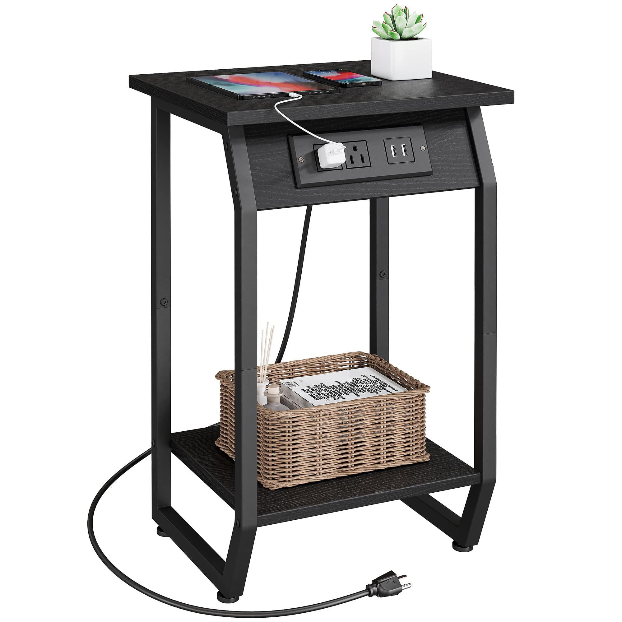KTENME Side Table with Charging Station, Grey End Table with USB ...