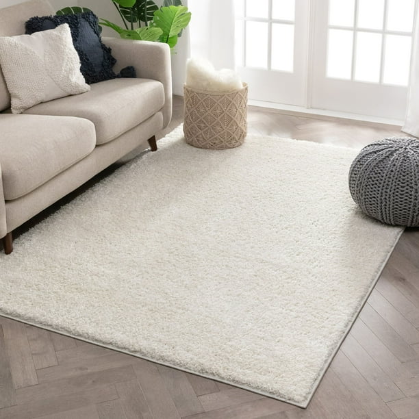 Well Woven Solid Color Ivory Soft Shag Area Rug 5x7 (5'3" x7'3 ...