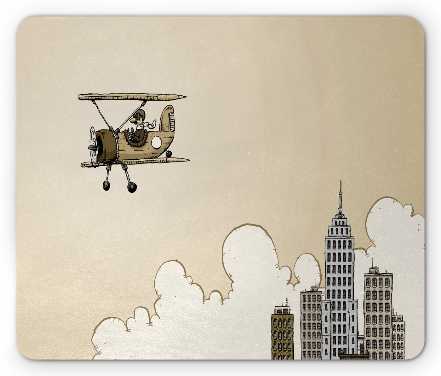 Vintage Airplane Mouse Pad, Cartoon Style Biplane in Modern City Clouds ...
