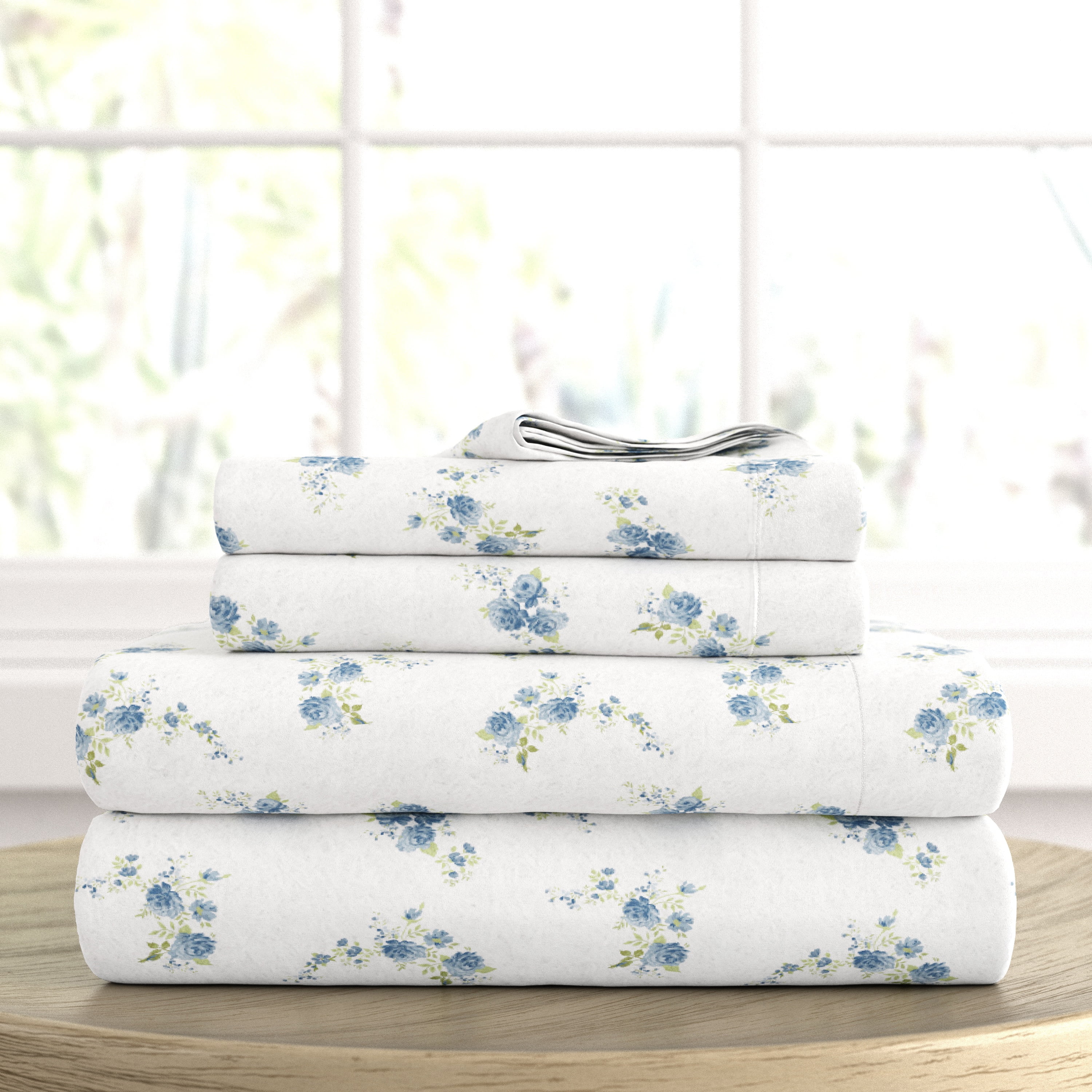 Light Blue Rose Bunch 4 Piece 100% Cotton Flannel Deep Pocket Sheet Set ...