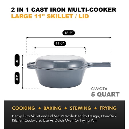 Enameled 2-In-1 Cast Iron Multi-Cooker Heavy Duty Skillet and Lid Set ...