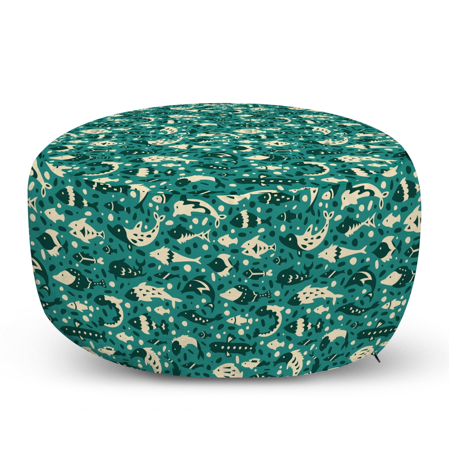 Nautical Pouf Cover with Zipper, Underwater Animal Composition with ...