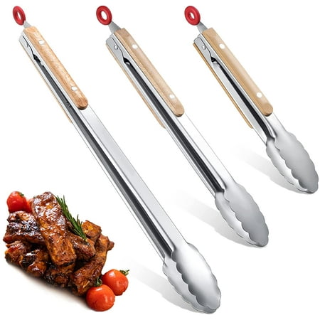 FanShow3 Pieces Metal Tongs Stainless Steel BBQ Grill Tongs with Oak ...
