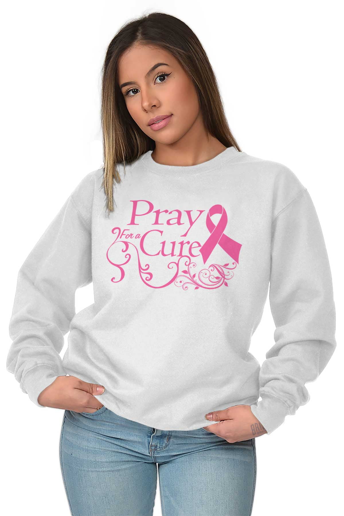 Pray For A Cure Breast Cancer Support Women Crewneck Sweatshirt Brisco ...
