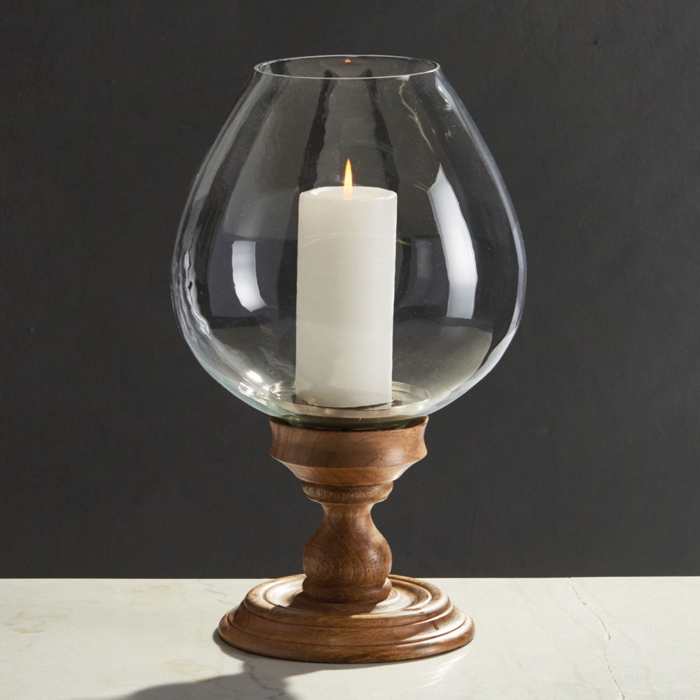 16 25” Decorative Rustic Glass And Wooden Pedestal Goblet Candle Holder