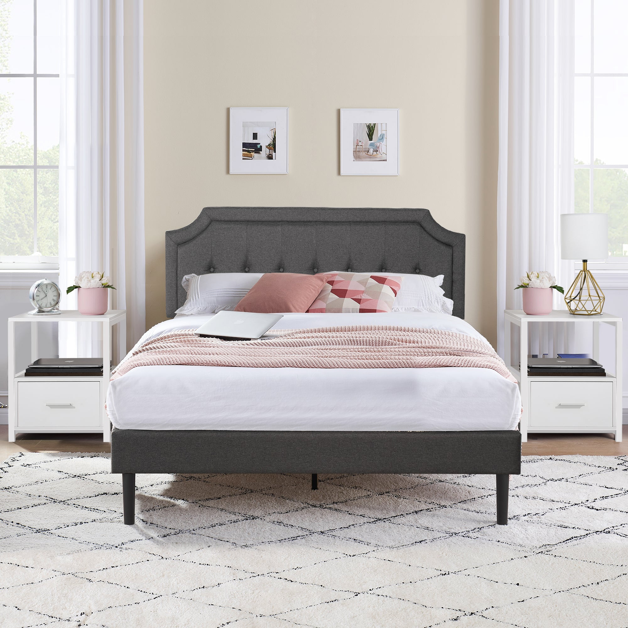 VECELO 3-Piece Bedroom Sets Upholstered Platform Bed Frame and 2 ...