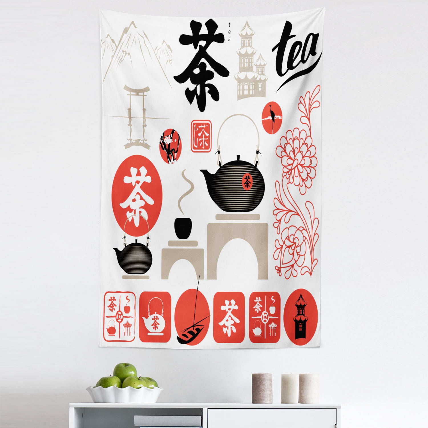 Tea Party Tapestry, Japanese Design with Cultural Elements Flowers Hill ...