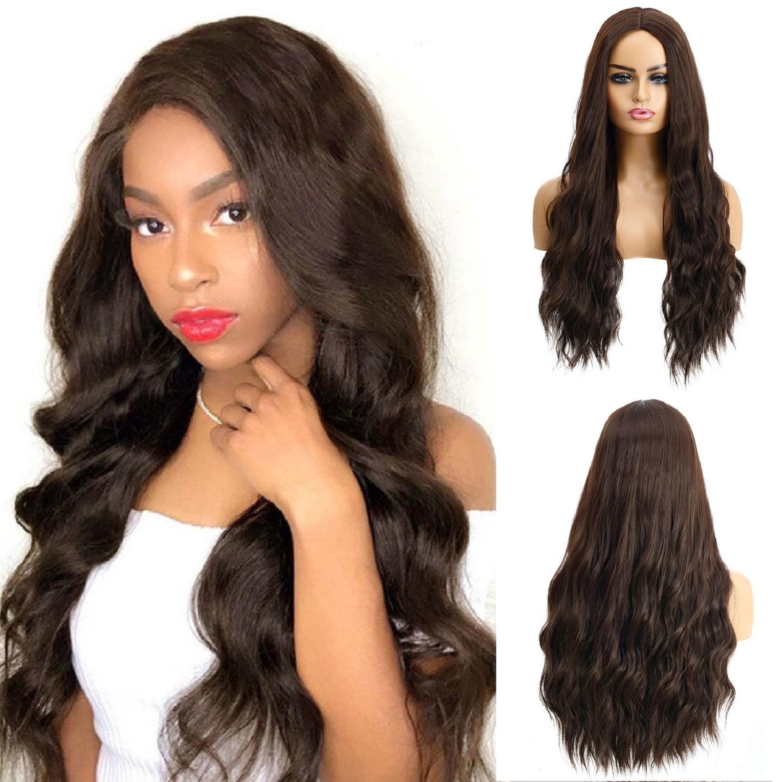 WREESH Medium Length Curly Hair Ladies Wavy Curly Hair Dark Brown Curly ...