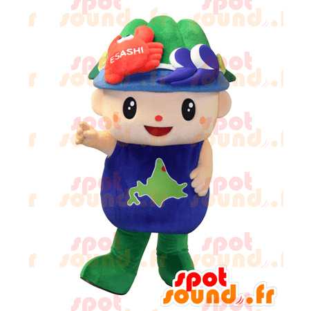 SPOTSOUND mascot of E-Sasshi, vacationer, with a crab and waves ...