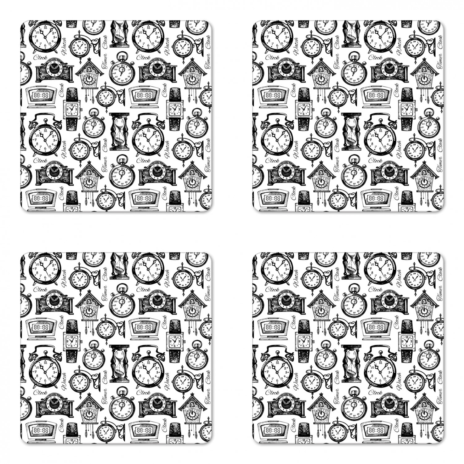 Clock Coaster Set of 4, Hand Drawn Clocks and Watches Illustration ...