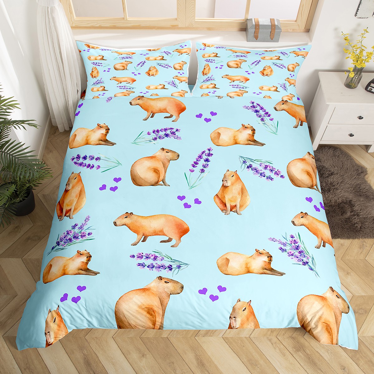 Kawaii Capybara Comforter Cover Blue Bed Set, Purple Flower Duvet Cover ...
