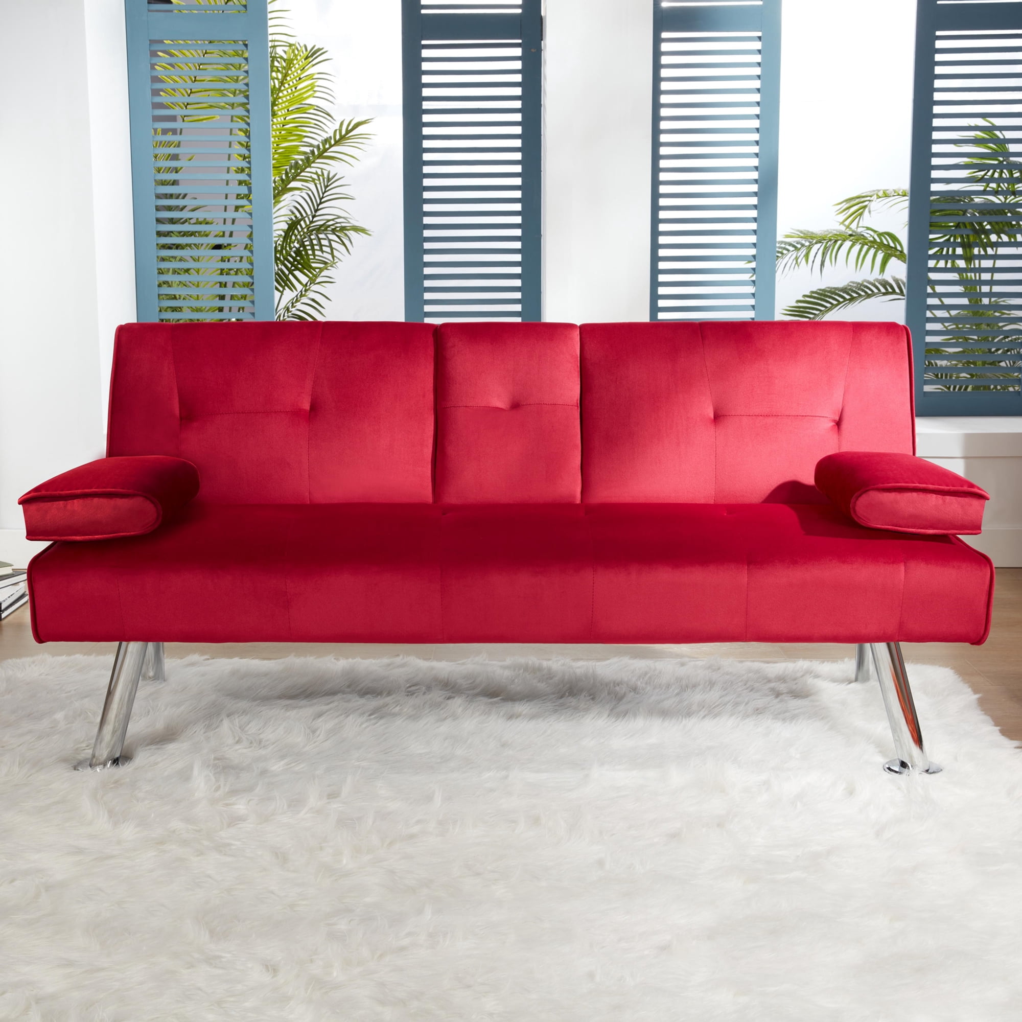 65" Upholstered Folding Futon Sofa Bed Modern Convertible Couch 2 Cup ...