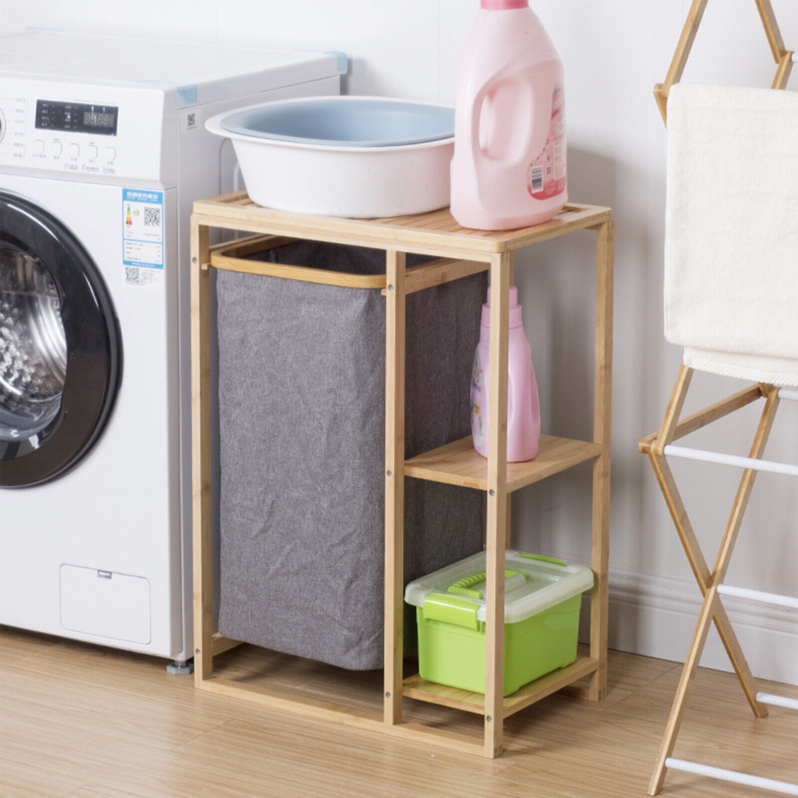 Tilt Out Laundry Hamper, 2-Tier Horizontal Bamboo Hamper with 3 Shelves ...