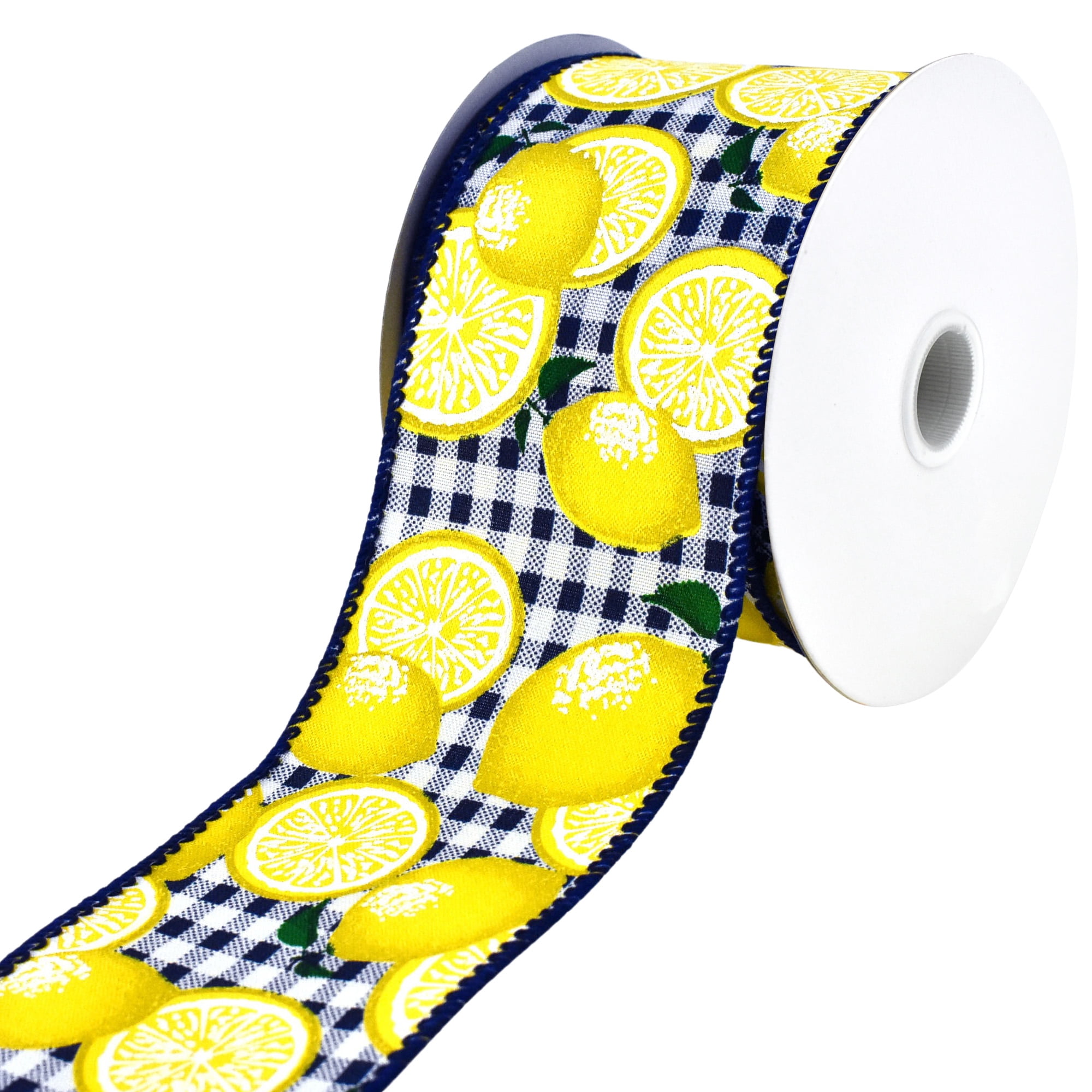 Gingham Printed Lemons Wired Ribbon, 2-1/2-inch, 10-yard, Navy ...