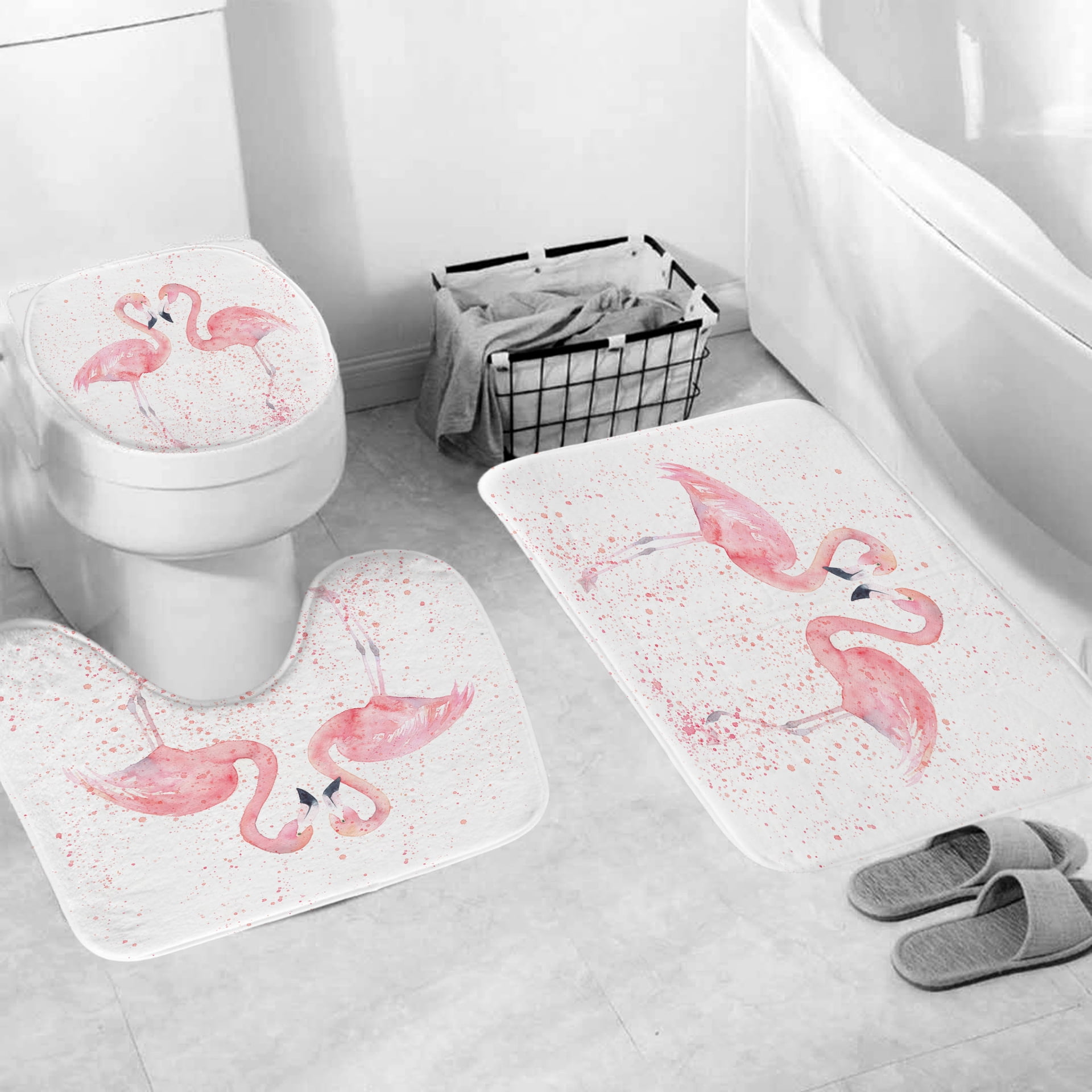 3 Pcs Watercolor Pink Flamingo Art Bathroom Non Slip Pedestal Rug+Lid ...