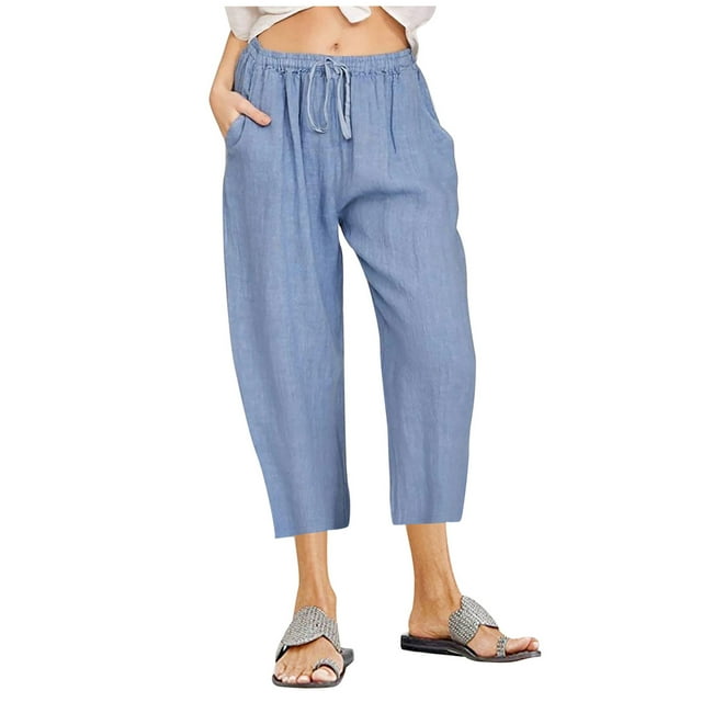 Oalirro Linen Capri Pants For Women Loose Fit Solid Color Cotton Linen